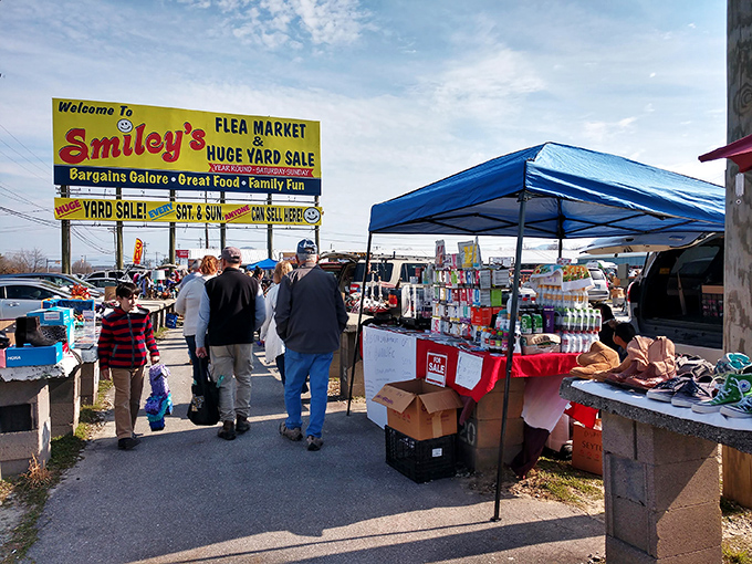The iconic yellow sign welcomes treasure hunters to Smiley's, where "bargains galore" isn't just a slogan&mdash;it's a promise kept every weekend.