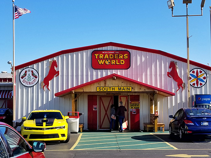 The iconic red-trimmed entrance to Traders World stands like a retail Narnia wardrobe&mdash;step through those doors and enter a wonderland of possibilities.