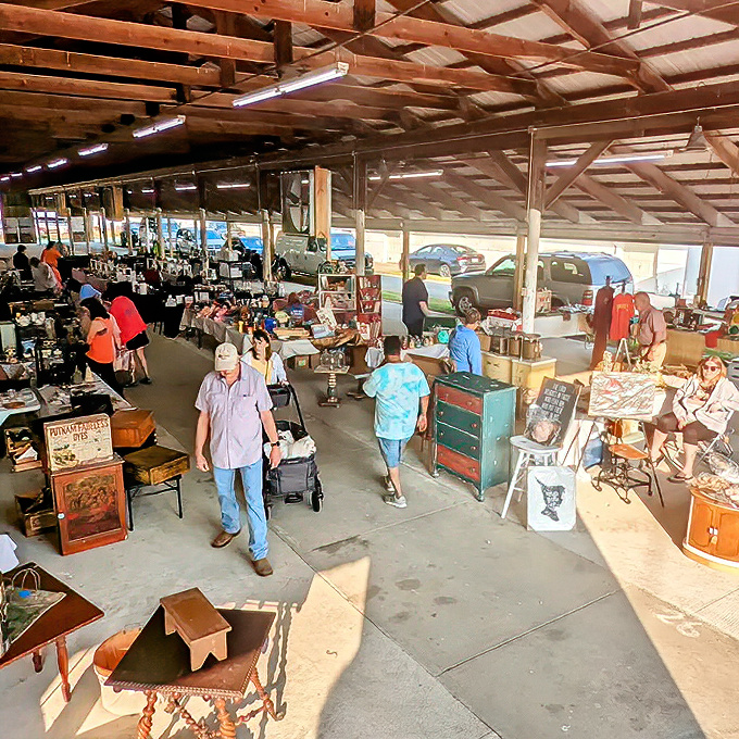 Treasure hunters navigate the covered pavilion at Springfield Antique Show, where one person's castoffs become another's conversation pieces. The thrill of the hunt is palpable! 