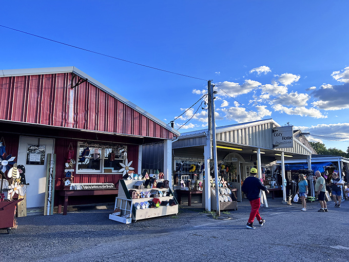 The iconic barn-style buildings of Green Dragon Market stand like beacons for bargain hunters under Pennsylvania's big blue sky.