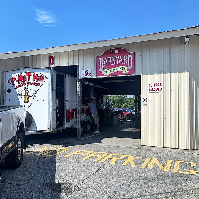 The iconic entrance to treasure-hunting paradise. That "P-Nut Man" food truck isn't just decoration&mdash;it's your first clue that delicious discoveries await inside.