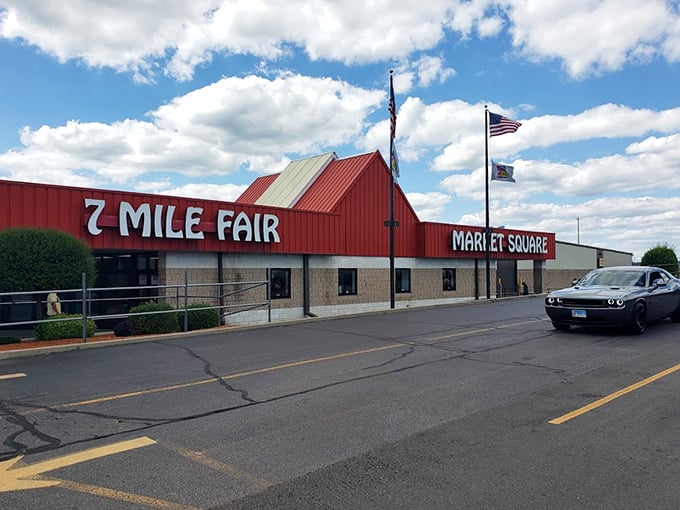 The iconic red-roofed entrance to 7 Mile Fair stands like a retail Emerald City, beckoning treasure hunters from across Wisconsin and beyond.