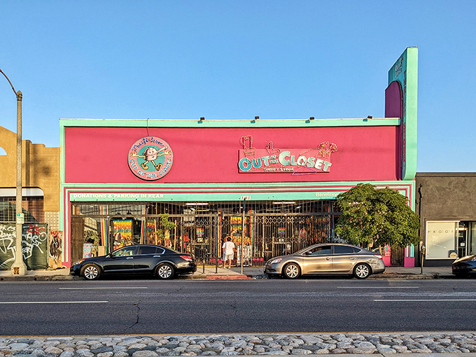 The flamingo-pink facade of Out of the Closet in Atwater Village stands out like a Broadway marquee on opening night, promising treasures within.