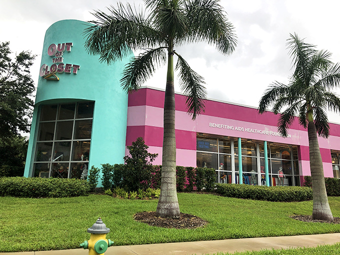 That pink and turquoise exterior isn't just eye-catching – it's practically a beacon for bargain hunters seeking retail salvation.