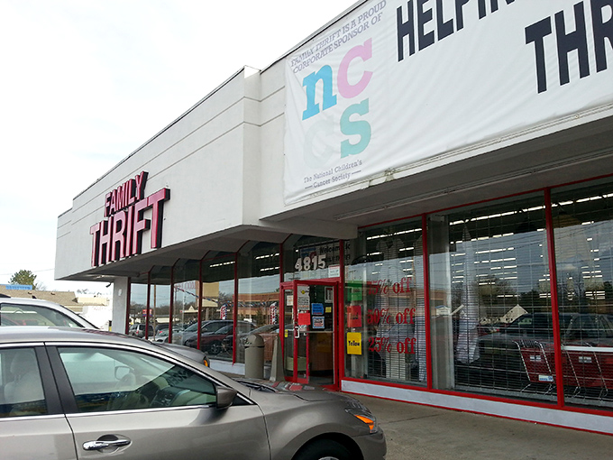 The unassuming storefront of Family Thrift stands like a treasure chest waiting to be unlocked. Behind that red-trimmed entrance lies a universe of possibilities.