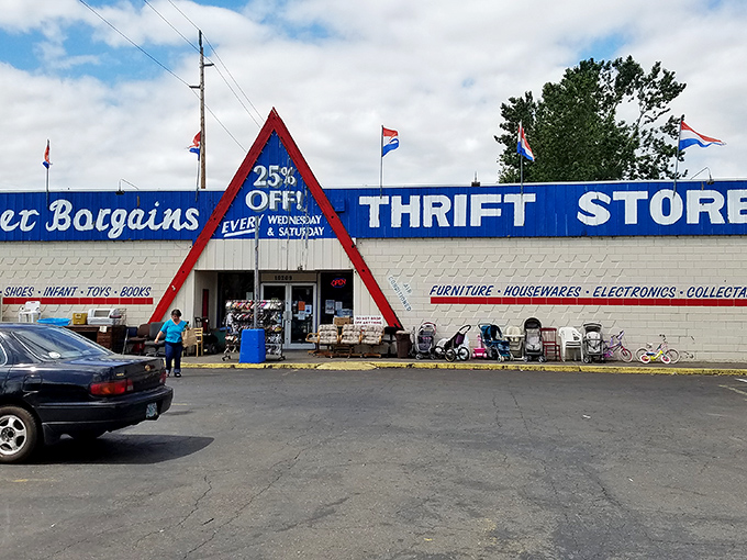The iconic A-frame entrance of Better Bargains beckons like a blue-and-red lighthouse for the bargain-hungry souls of Portland.