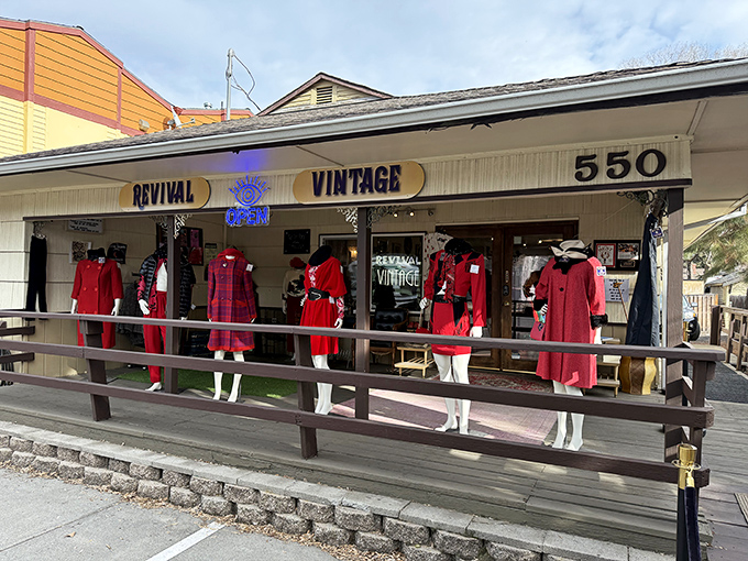 The storefront of Revival Vintage beckons with a parade of crimson treasures, like a fashion time machine waiting for you to step aboard.