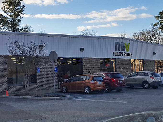 The unassuming exterior of DAV Thrift Store&mdash;where bargain hunters' dreams come true and wallets breathe sighs of relief.