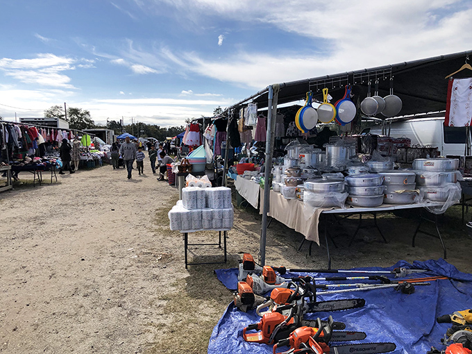 Where treasure hunting meets Florida sunshine &ndash; rows of vendors offering everything from kitchenware to chainsaws under brilliant blue skies.