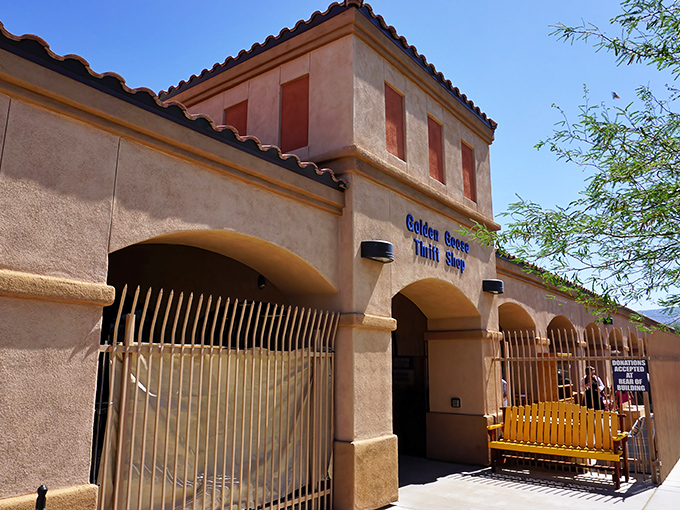 The Golden Goose's distinctive Southwestern architecture stands proudly against the Arizona sky, like a terracotta treasure chest waiting to be opened.