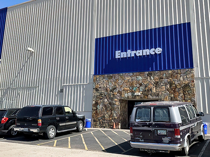 The unassuming exterior of treasure-hunting paradise. Behind these corrugated metal walls, bargain dreams come true at prices that feel like a clerical error.
