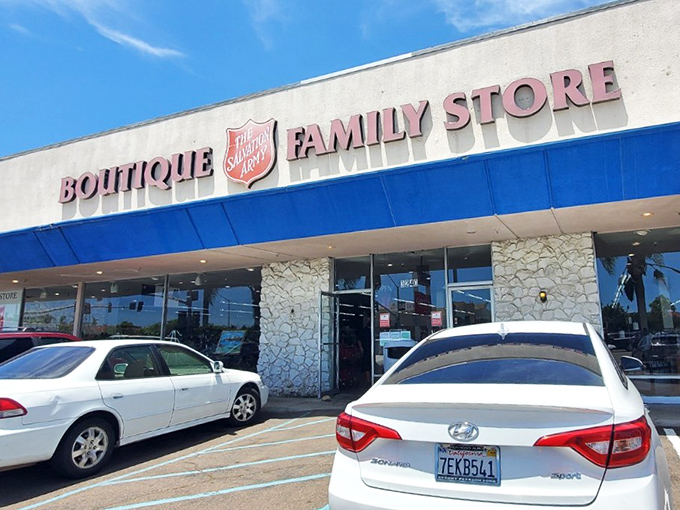 The iconic blue and white facade of the Salvation Army Boutique Family Store beckons like a siren song to bargain hunters across San Diego.