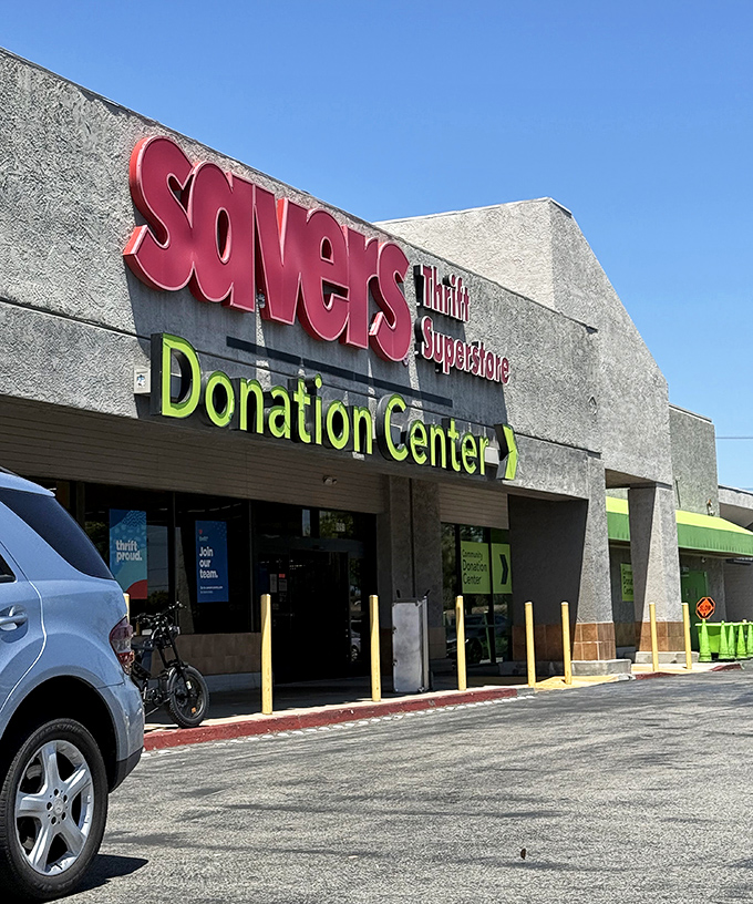 The iconic red Savers sign beckons like a siren call to bargain hunters. This thrift superstore promises treasures waiting to be discovered inside.