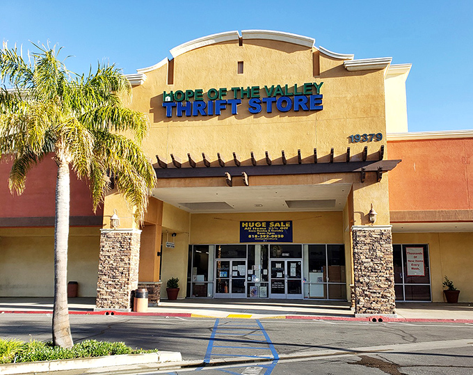 The desert-hued exterior of Hope of the Valley beckons like an oasis for bargain hunters, complete with palm tree doorman.