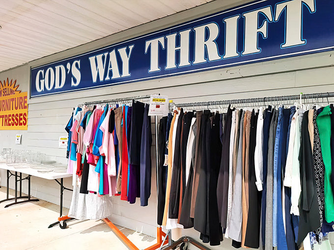 The blue and white sign says it all &ndash; treasure hunting begins here, where your wallet gets a vacation while your shopping cart doesn't.