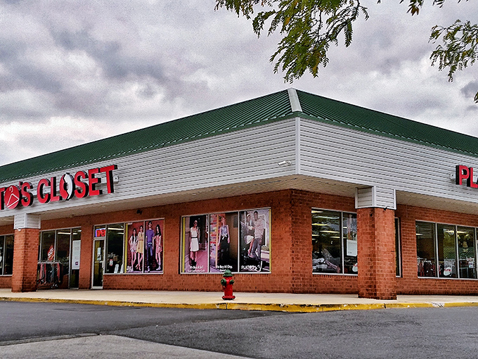 The unassuming brick exterior of Plato's Closet in Newark hides a treasure trove of fashion finds waiting to be discovered.