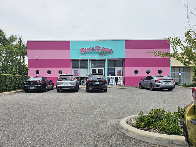 The hot pink facade of Out of the Closet isn't just eye-catching&mdash;it's practically screaming "bargains inside!" like a fashionable beacon in St. Petersburg.