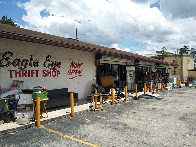 The unassuming exterior of Eagle Eye Thrift Shop beckons with promises of treasures within. Like a poker player with a royal flush, it keeps its best cards hidden inside.