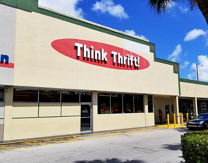 The unassuming beige exterior of Think Thrift belies the treasure trove within. Like a culinary speakeasy, the best bargains often hide behind the plainest facades.