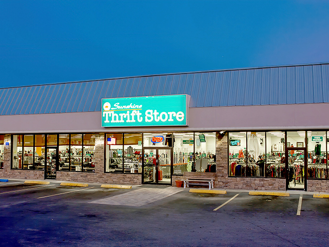 The iconic turquoise sign glows like a beacon for bargain hunters. Sunshine Thrift Store's flamingo logo promises Florida treasures without the tourist prices.