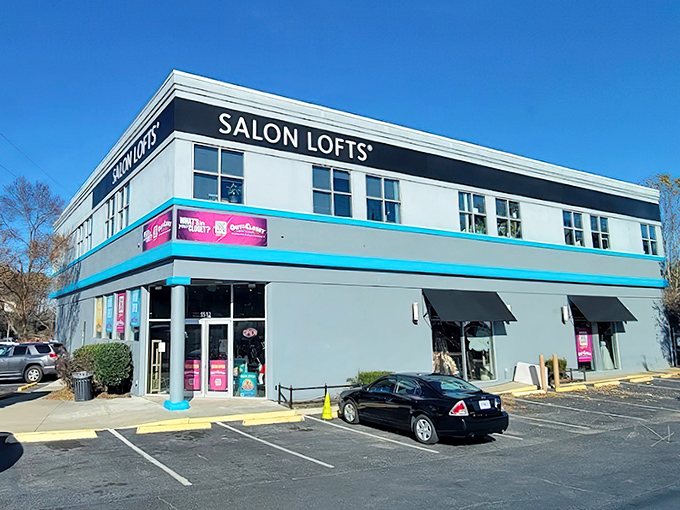 The turquoise-banded exterior of Out of the Closet stands out like a fashionable beacon in Atlanta's Ansley neighborhood, promising treasure hunters a colorful adventure inside.