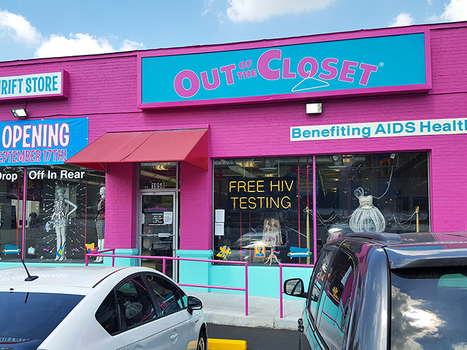 The unmistakable hot pink facade of Out of the Closet in Ansley makes it impossible to miss, like a beacon of bargain-hunting bliss in Atlanta.