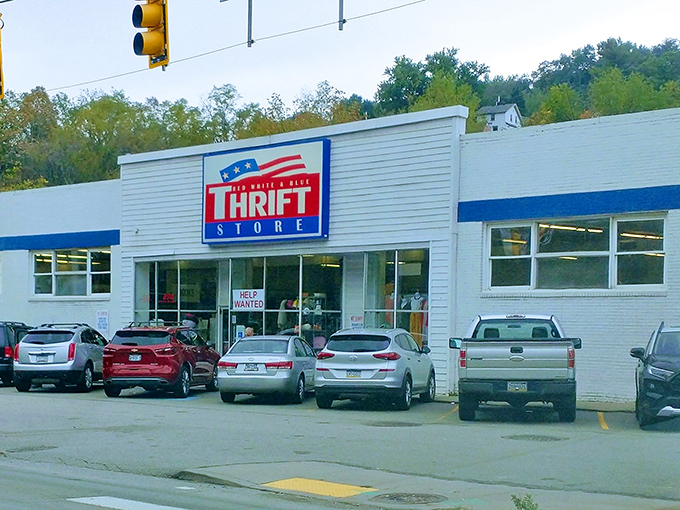 The unassuming exterior of Red White and Blue Thrift Store belies the treasure trove waiting inside. Pittsburgh's bargain hunters know this patriotic facade means serious savings ahead.