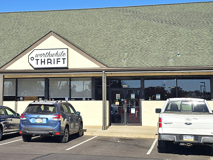 The unassuming exterior of Worthwhile Thrift belies the treasure trove within—like finding out your quiet neighbor is secretly a rock star.