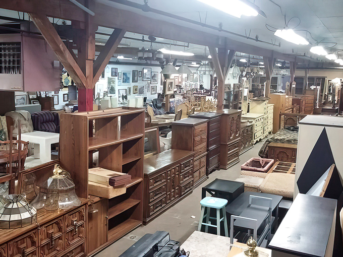 Treasure island alert! Rows of solid wood furniture await new homes, each piece with more character than the last season of your favorite show.