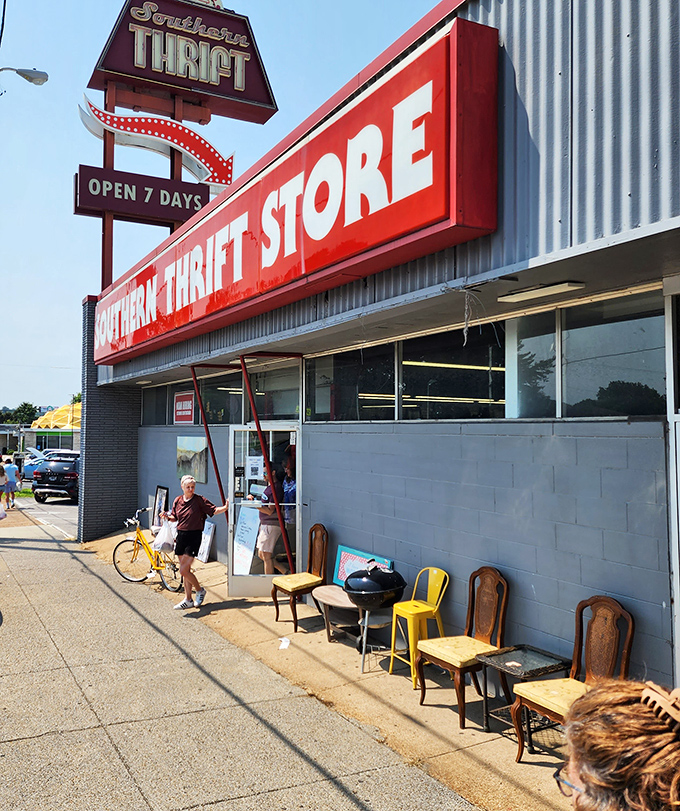 The iconic red signage of Southern Thrift Store stands out against the Nashville sky like a beacon calling all treasure hunters to their happy place.