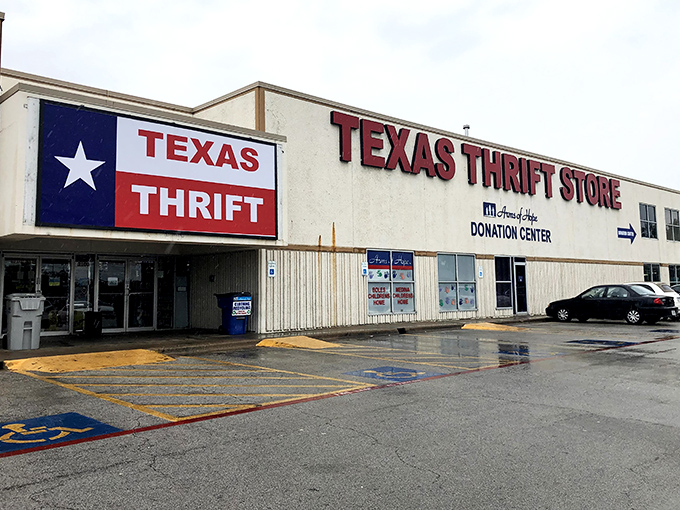 The iconic red lettering of Texas Thrift beckons like a siren song to bargain hunters across the Lone Star State.