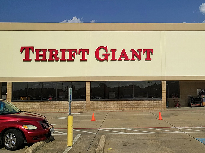 The unassuming exterior of Thrift Giant belies the wonderland within—like finding a portal to bargain heaven disguised as a strip mall storefront.
