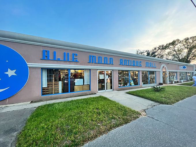 The unmistakable pink facade with electric blue lettering stands like a beacon for treasure hunters. Nothing subtle about this invitation to adventure!