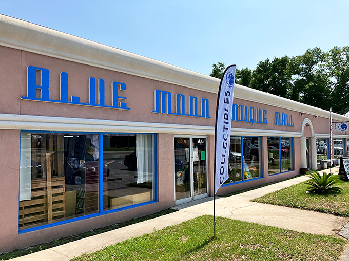 The unmistakable pink facade with electric blue lettering stands like a beacon for treasure hunters. Nothing subtle about this invitation to adventure!