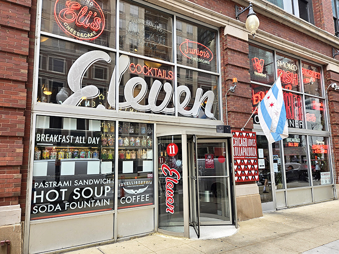 The neon promise of "Eleven" glows like a beacon for the hungry. Chicago's flag flutters proudly alongside promises of breakfast, pastrami, and soda fountain delights.