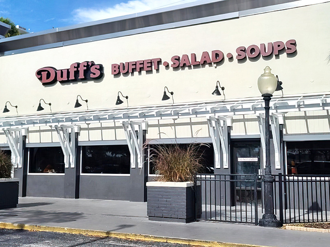 The iconic blue and white exterior of Duff's Buffet stands as a beacon of comfort food in Clearwater, where hungry Floridians have been flocking since the Nixon era.