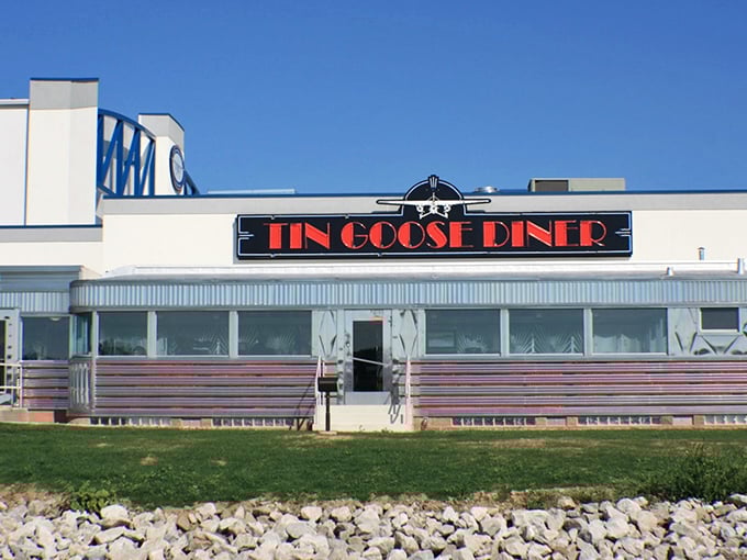 The gleaming stainless steel exterior of Tin Goose Diner shines like a beacon of breakfast hope against the Ohio sky. Time travel never looked so delicious.