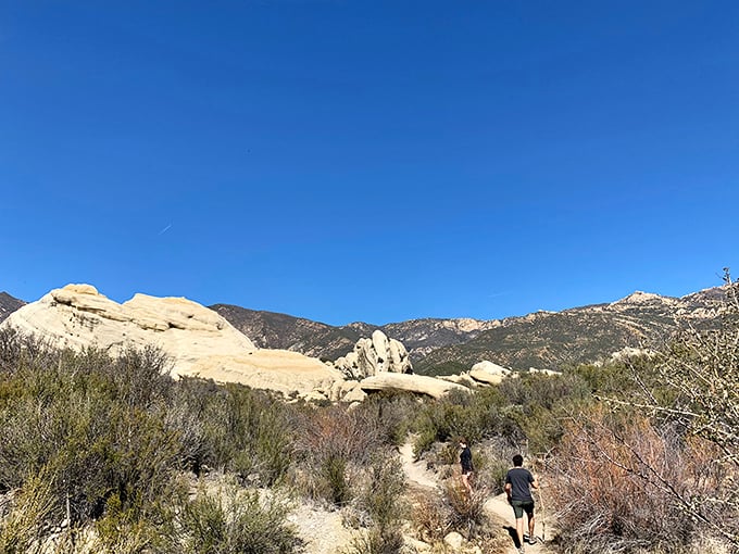 Nature's own sculpture garden awaits just beyond the trail entrance, where massive white sandstone formations rise like prehistoric monuments against the brilliant blue California sky.