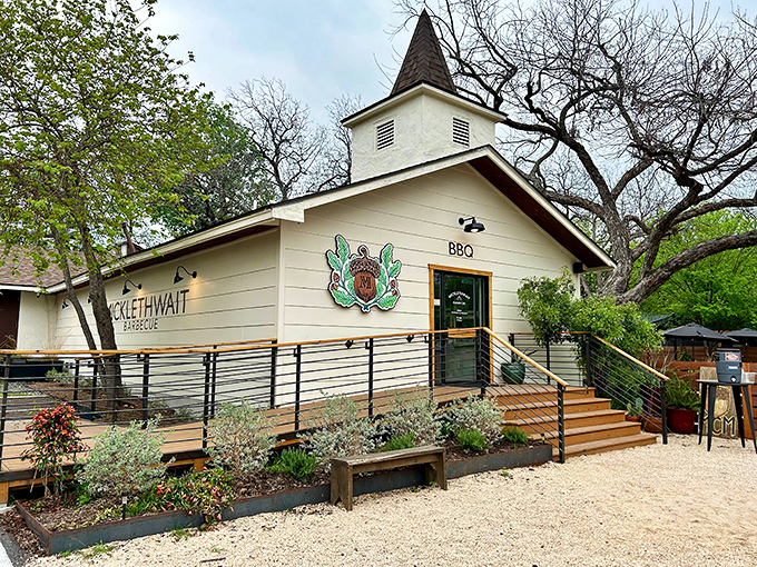 The chapel-like exterior of Micklethwait Barbecue promises a religious experience for your taste buds. The steeple is basically saying "worship here."
