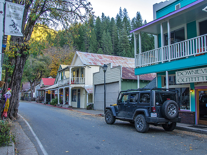 Downieville's main street looks frozen in time, where Jeeps replace horses and Gold Rush architecture still stands proud against the Sierra backdrop.