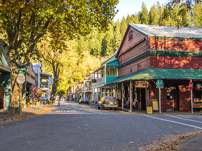 Autumn paints Downieville's historic main street in gold, where brick buildings have witnessed more stories than a librarian with insomnia.