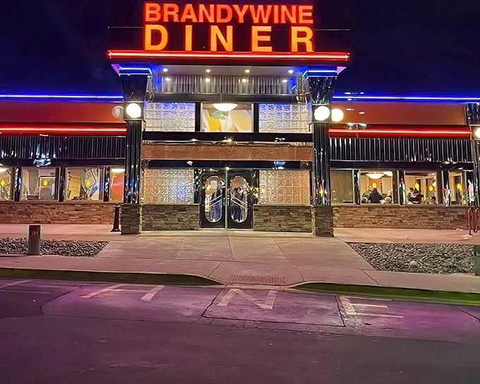 The gleaming chrome-and-stone exterior of Brandywine Diner stands like a beacon of breakfast hope on Wilmington's landscape, promising delicious comfort inside those double doors.