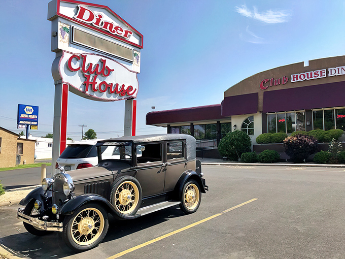 The iconic Club House Diner sign stands tall against the Pennsylvania sky, while a vintage car seems to have time-traveled just for breakfast.