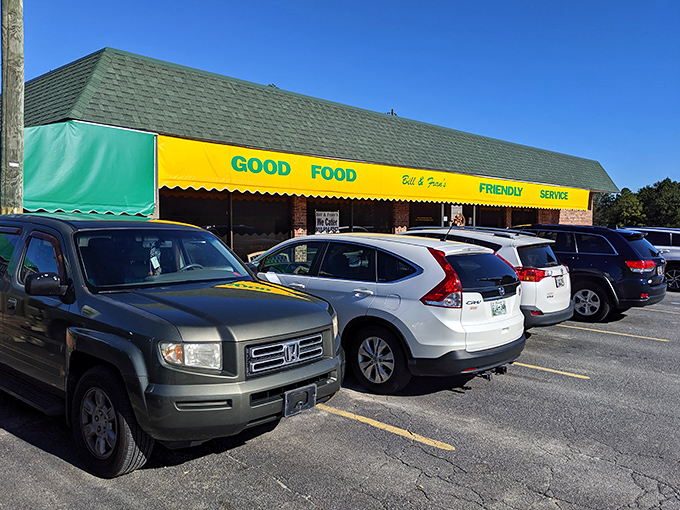 That bright yellow awning isn't just a sign&mdash;it's a beacon of breakfast hope promising "Good Food" and "Friendly" service. Truth in advertising at its finest. 