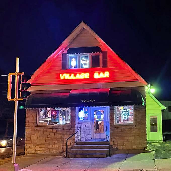 The triangular beacon of burger bliss glows in the night, like a neon lighthouse guiding hungry souls to their delicious destiny.