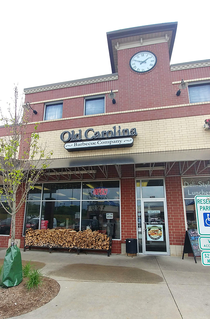 The stack of firewood outside isn't just for show&mdash;it's the first clue that Old Carolina takes its smoke seriously. BBQ authenticity starts here.
