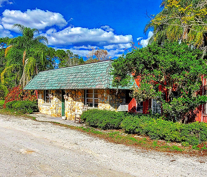 The stone cottage exterior of Red Wing Restaurant looks like it was plucked from a fairy tale and dropped into Florida's palm tree landscape.