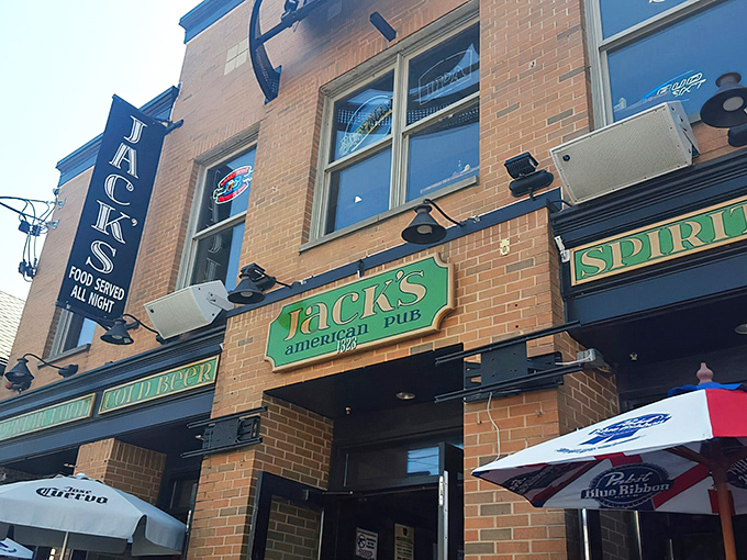 The iconic green signage of Jack's American Pub promises "Food Served All Night" &ndash; a beacon of hope for hungry night owls on Brady Street.
