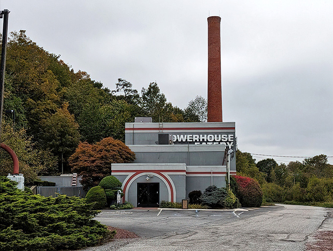 The iconic smokestack stands sentinel over Powerhouse Eatery, a beacon of culinary delight nestled among Pennsylvania's rolling hills.