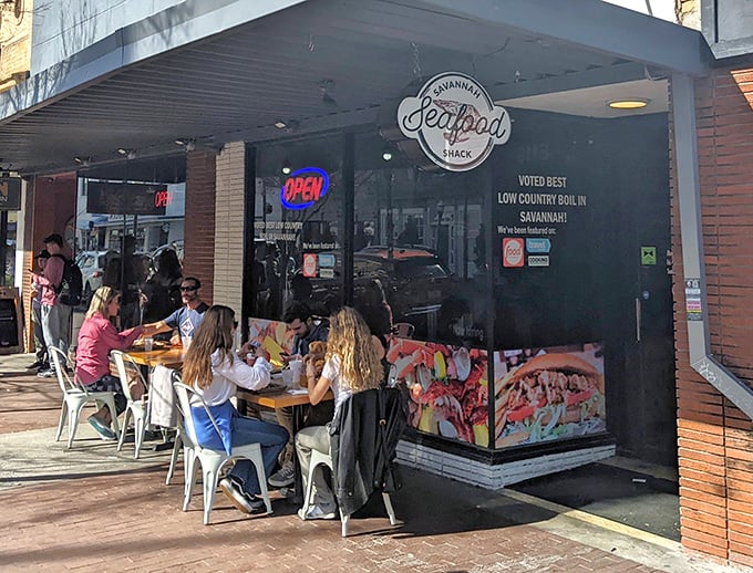 Street-side dining at its finest, where the sidewalk becomes your personal seafood paradise.
